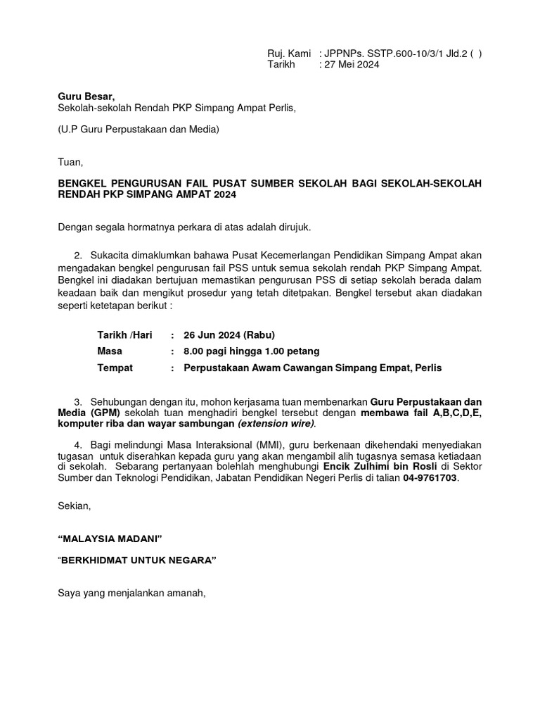 Surat Bengkel Pengurusan Fail PKP Simpang Ampat | PDF Surat Bengkel Pengurusan Fail PKP Simpang Ampat | PDF