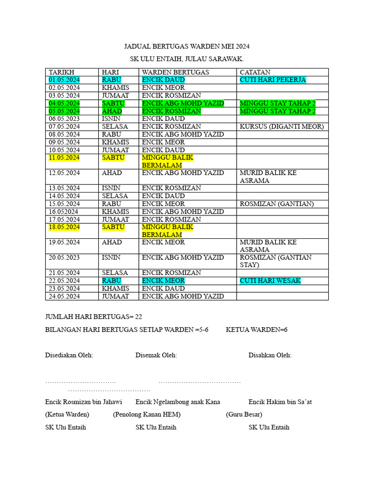 Jadual Bertugas Warden Mei 2024-1 | PDF