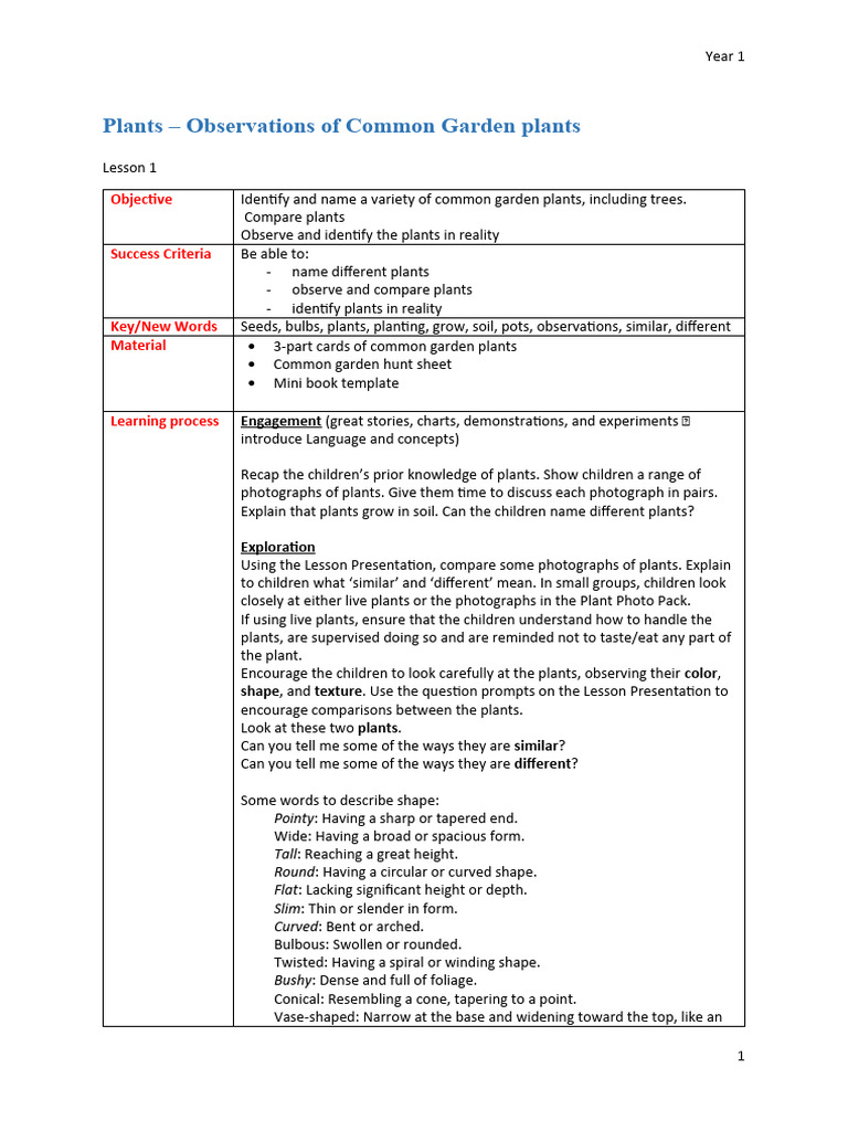 Common Garden Plants Lesson Plan | PDF | Plants | Gardens