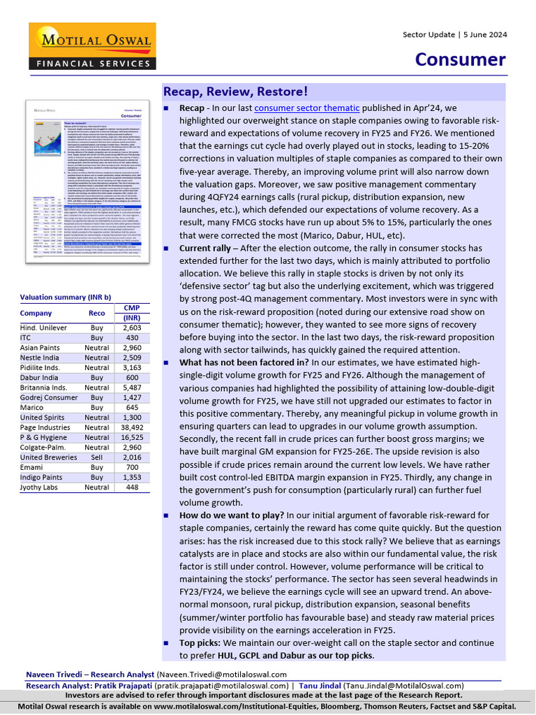 FMCG 20240605 Mosl Su PG008 | PDF | Valuation (Finance) | Macroeconomics