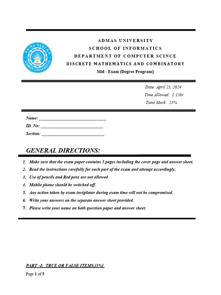 Mid Exam Discrete Mathematics& Combinatory For Admas April, 2024 | PDF ...