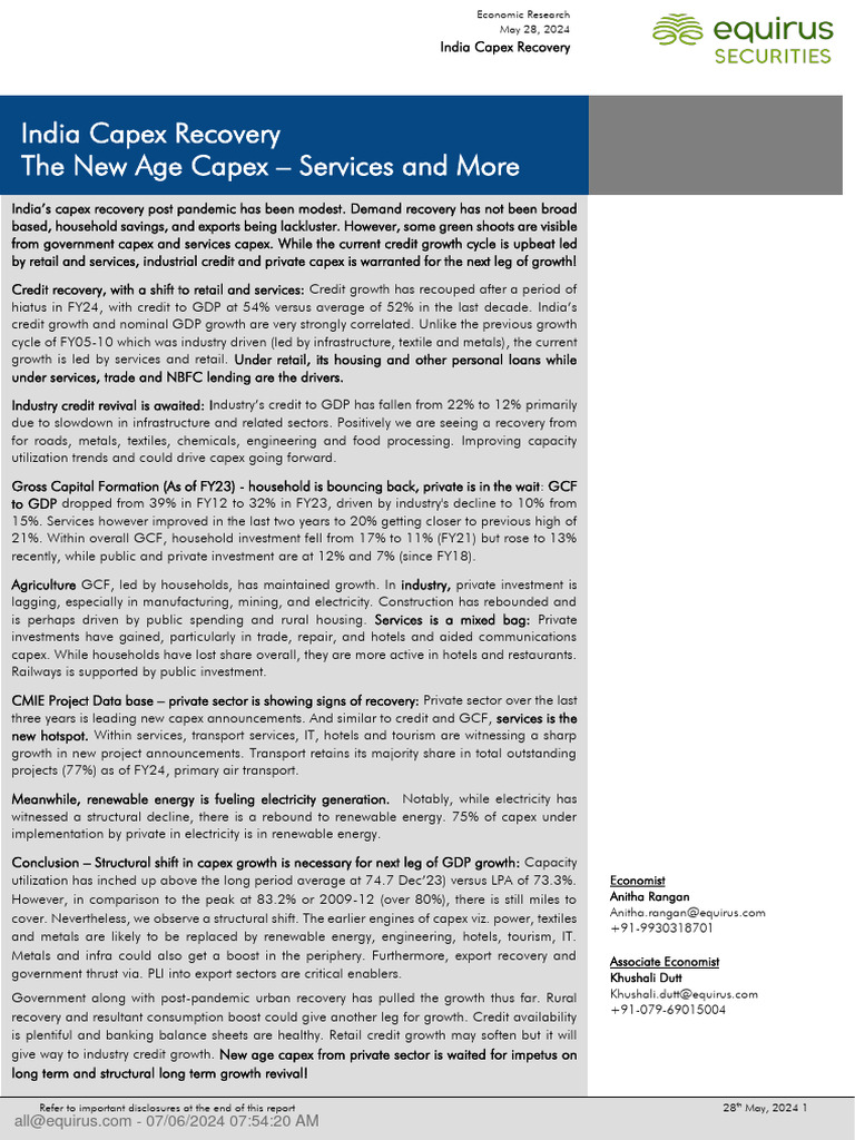 India Capex Recovery - The New Age Capex Services and More | PDF | Economic Growth | Gross ...