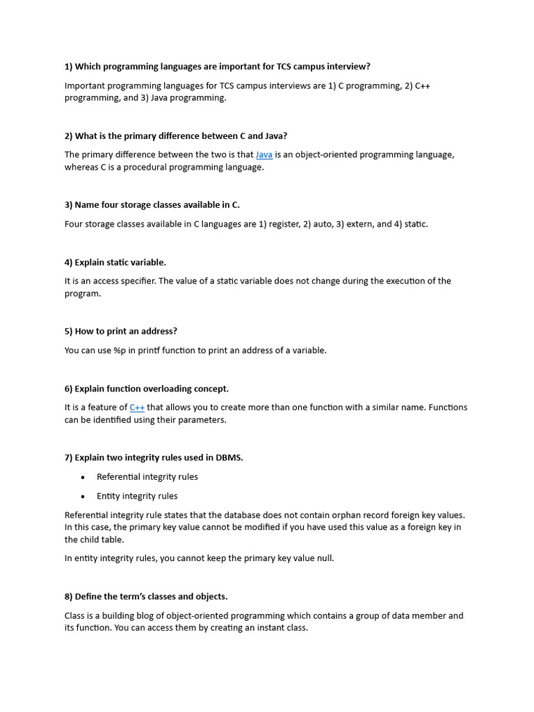 50 interview qs one line | Download Free PDF | Pointer (Computer Programming) | Databases