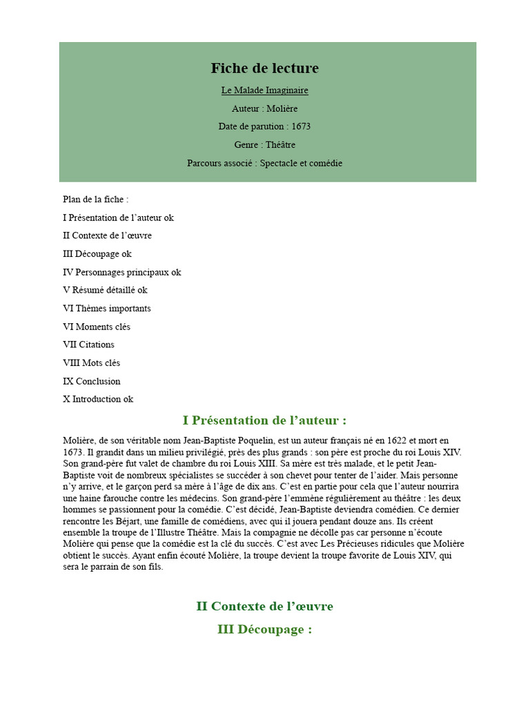 Fiche de Lecture Malade Imaginaire | PDF | Molière