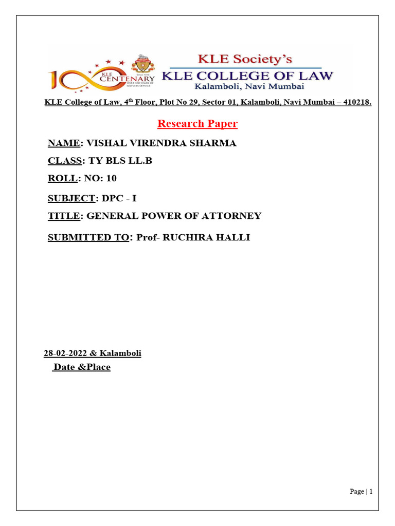 Dpc-I Research Paper (Vishal Sharma) | PDF | Power Of Attorney | Notary Public