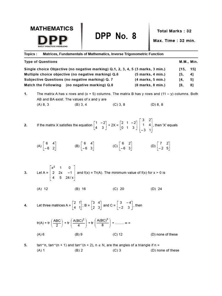 Matric DPP | PDF | Matrix (Mathematics) | Mathematical Relations