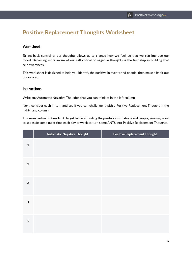 Positive Replacement Thoughts Worksheet | PDF | Self-Improvement