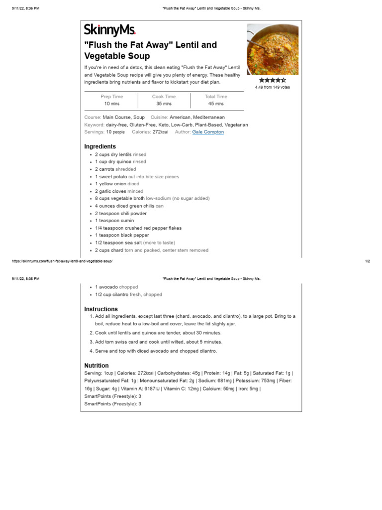 Flush The Fat Away - Lentil and Vegetable Soup - Skinny Ms | PDF ...