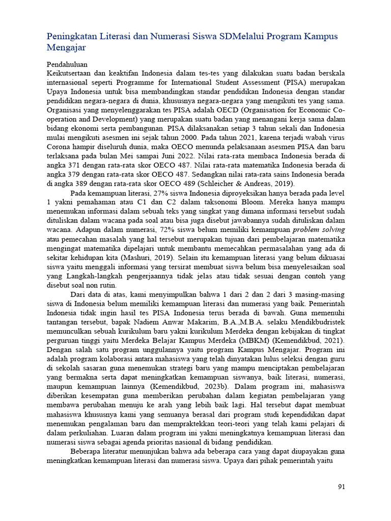Peningkatan Literasi Dan Numerasi Siswa SD Melalui Program Kampus Mengajar | PDF