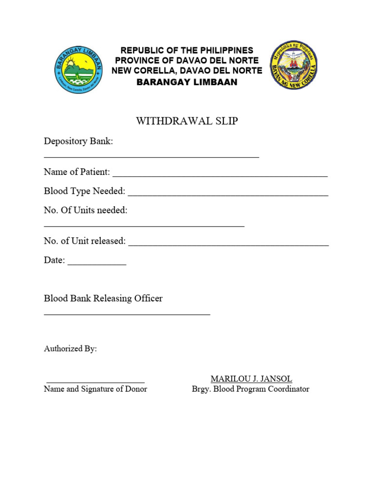 Withdrawal Slip Blood Donor | PDF | Finance & Money Management
