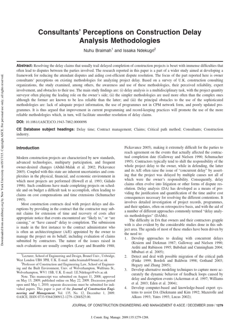 Consultants' Perceptions On Construction Delay Analysis Methodologies | PDF | Methodology