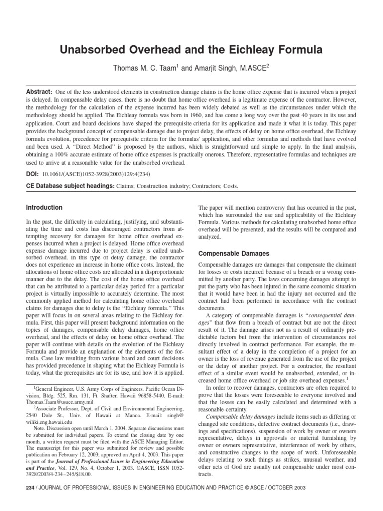 Unabsorbed Overhead and The Eichleay Formula | PDF | Damages | Cost