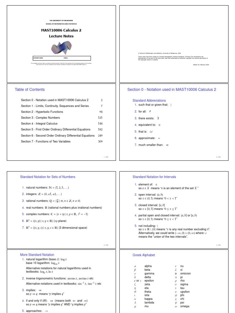 MAST10006 Calculus 2 Lecture Slides 2024S1 Student Version 4up | PDF ...