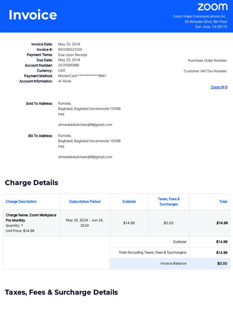 Zoom Invoice: May 2024 Subscription | PDF | Fee | Invoice