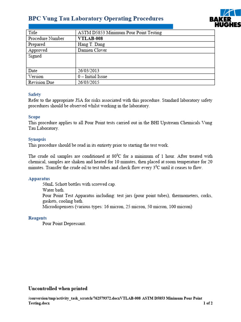 VTLAB-008 ASTM D5853 Minimum Pour Point Test | PDF | Heat Transfer ...