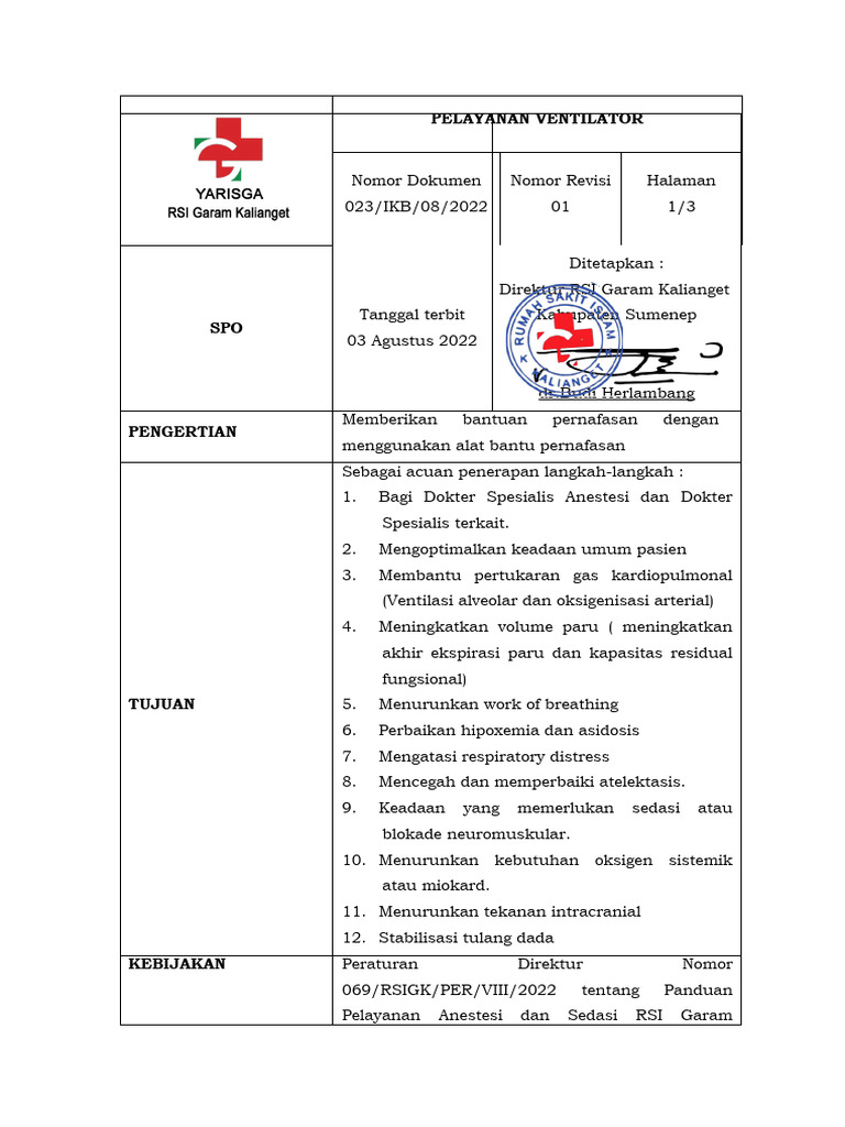 23 Spo Pelayanan Ventilator | PDF