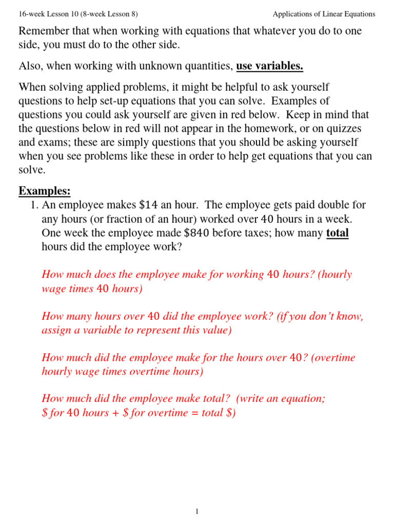 Applications of Linear Equations | Download Free PDF | Equations | Overtime