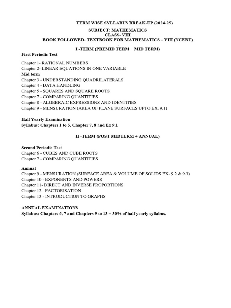 Class Viii Mathematics 2024 25 | PDF | Area | Factorization
