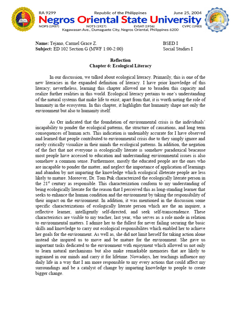 ED 102 Reflection - Chapter 6 Eco Literacy | PDF | Ecology | Literacy