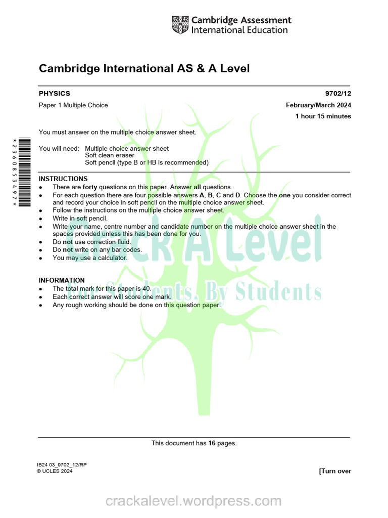 Cambridge International AS & A Level: Physics 9702/12 | PDF | Force | Waves