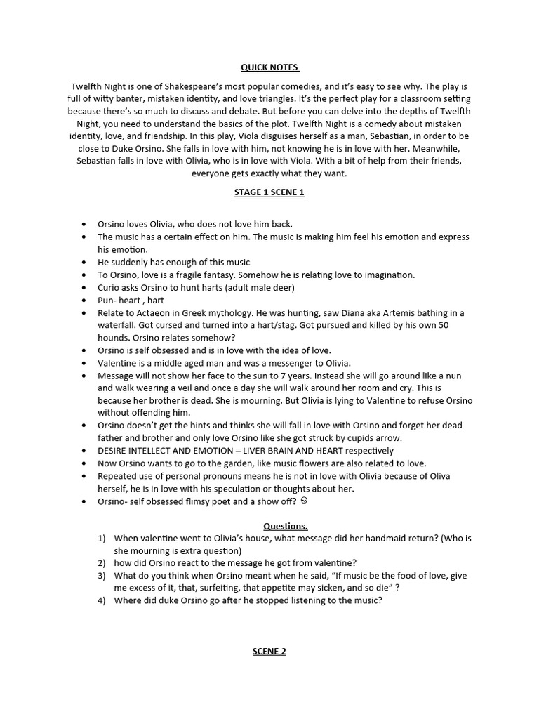 Quick Notes of 12TH Night For English | PDF | Twelfth Night