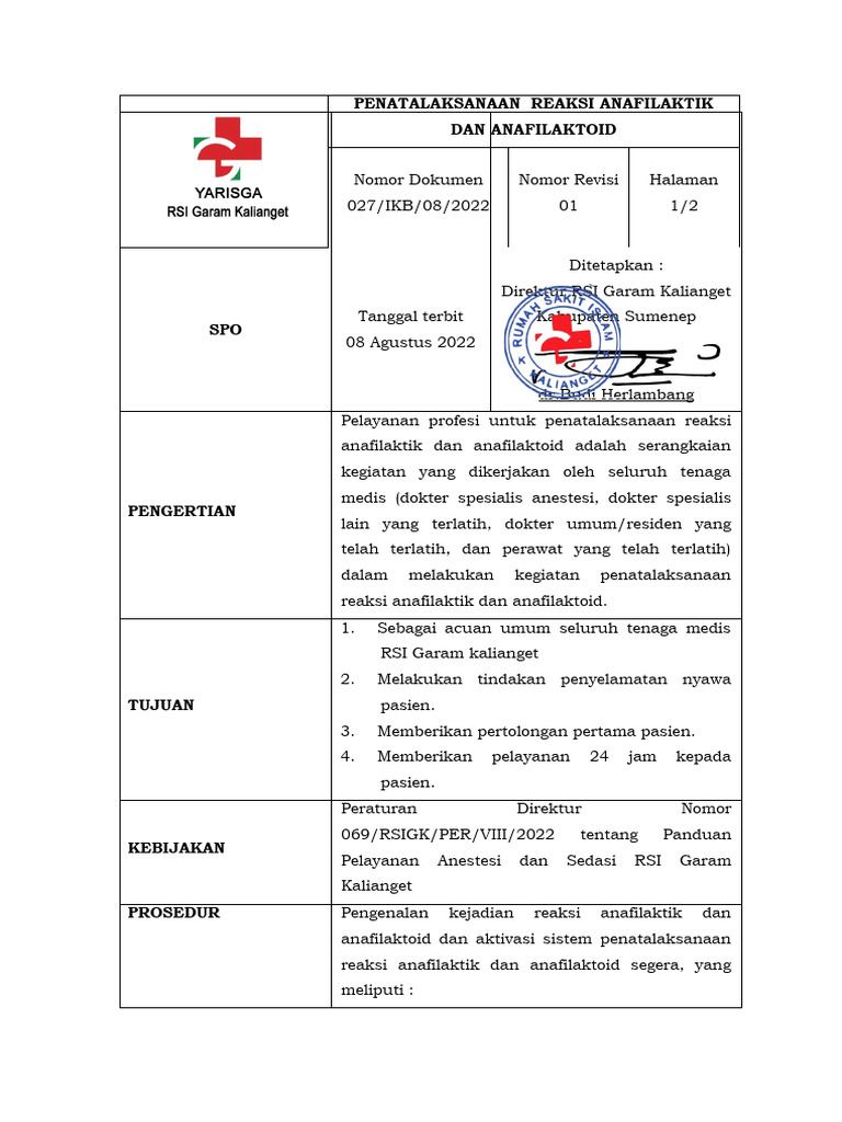 Prosedur Penatalaksanaan Anafilaksis | PDF | Teknologi & Rekayasa