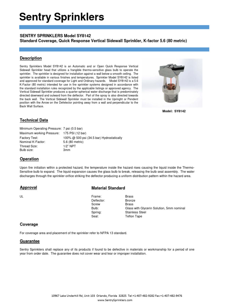 Sentry Sprinklers SY8142 Standard Coverage - Quick Response VSW ...