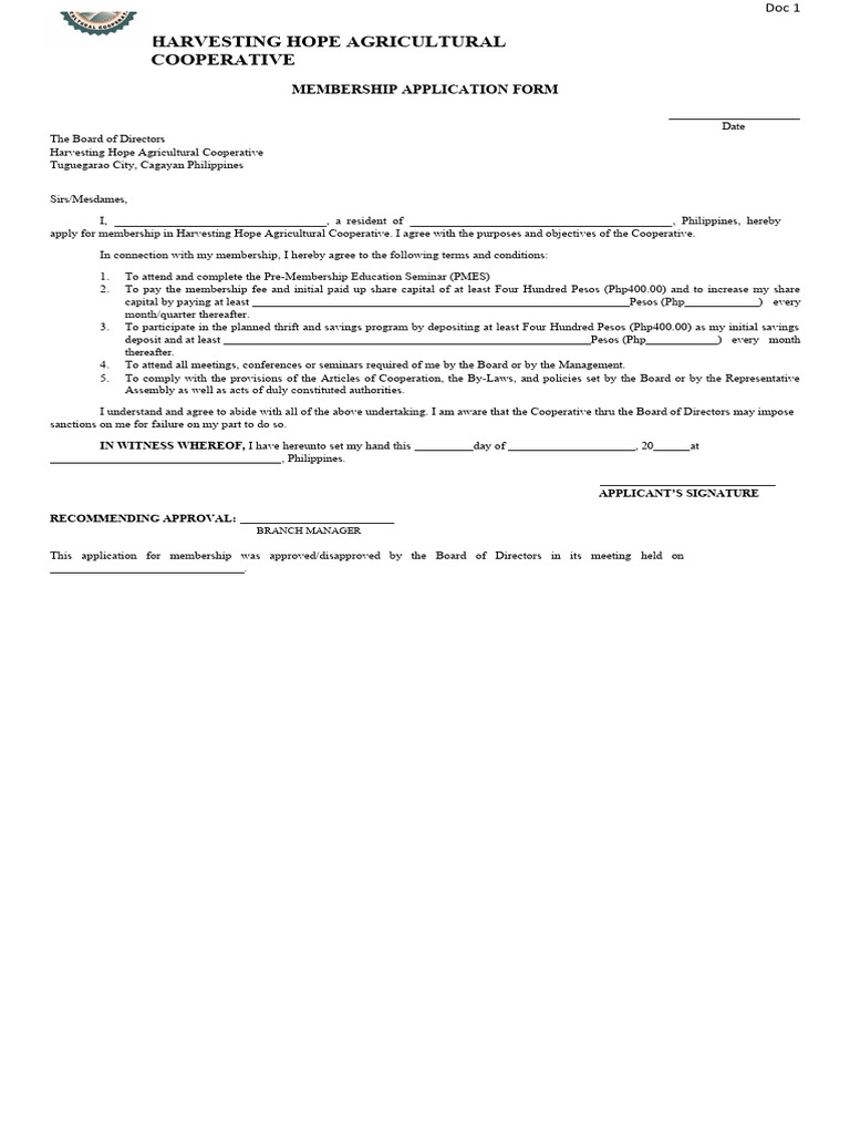 MEMBERSHIP FORM | Download Free PDF | Cooperative | Board Of Directors