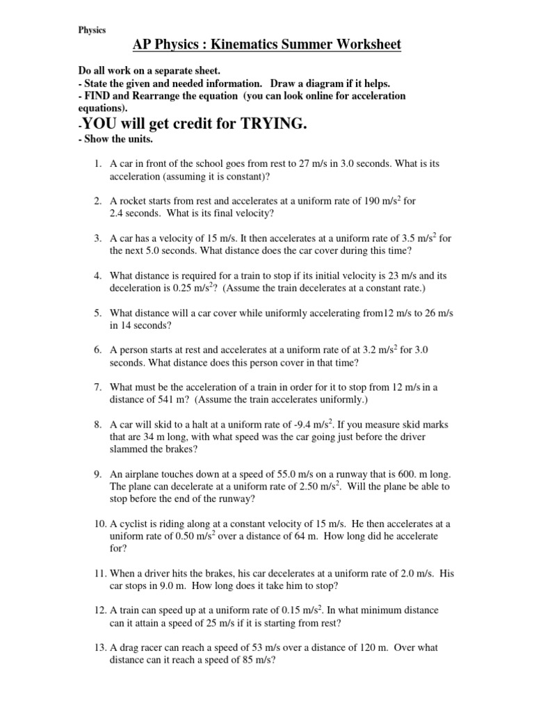 AP Physics Kinematics Worksheet | PDF