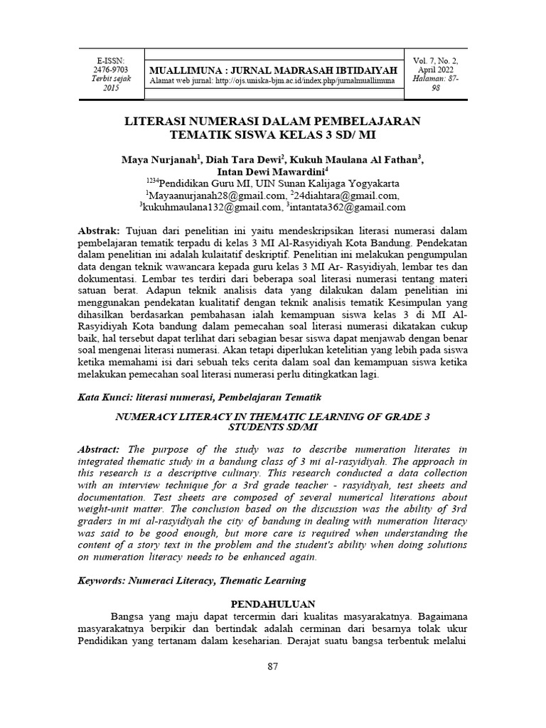 Literasi Numerasi Dalam Pembelajaran Tematik Siswa Pdf