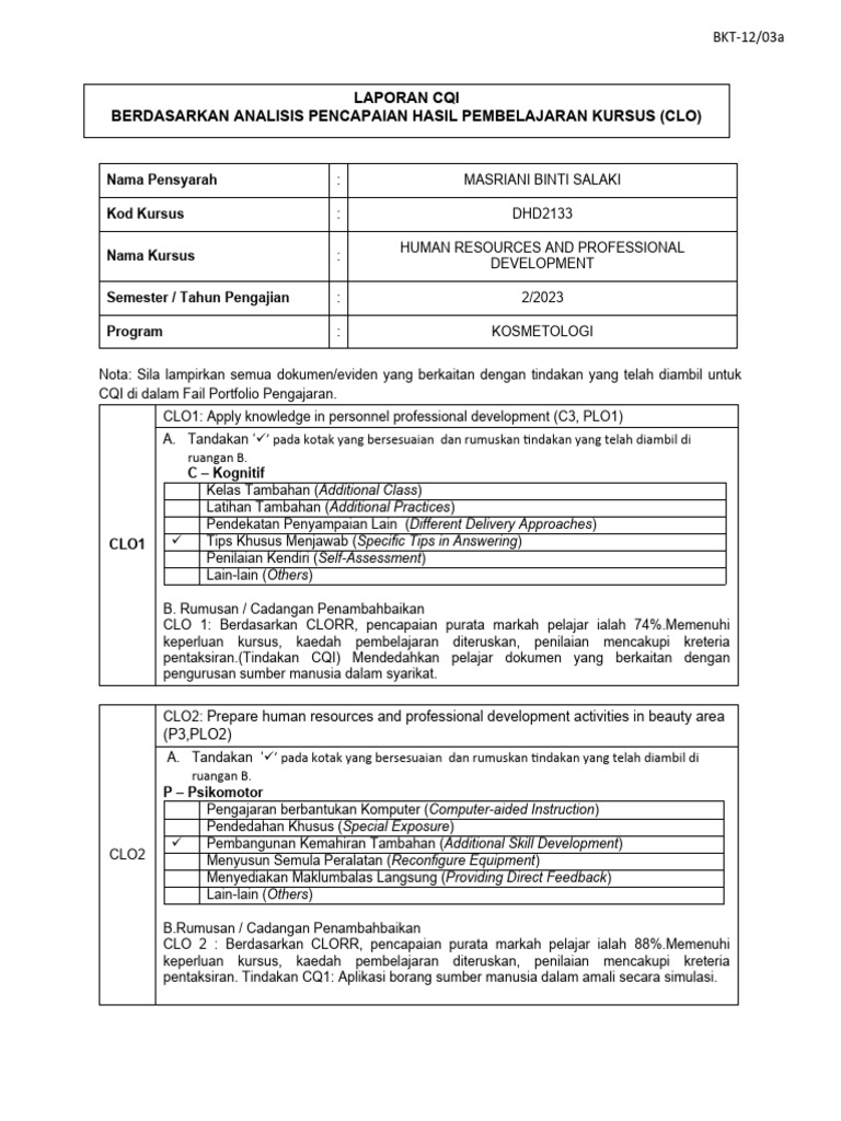 Borang CQI (CLO) BKT-12-03a Terkini | PDF