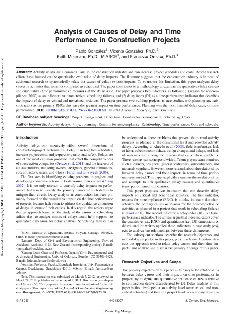 Analysis of Causes of Delay and Time Performance in Construction ...
