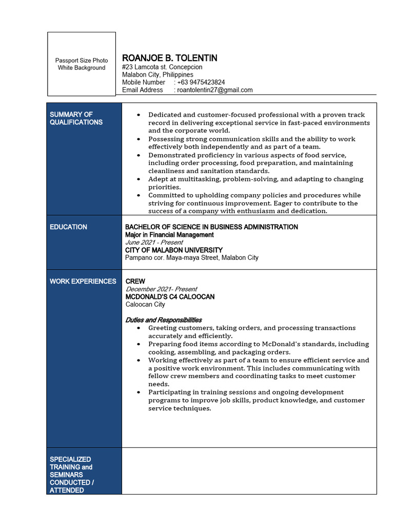 CBA Sample Resume Template | PDF | Business