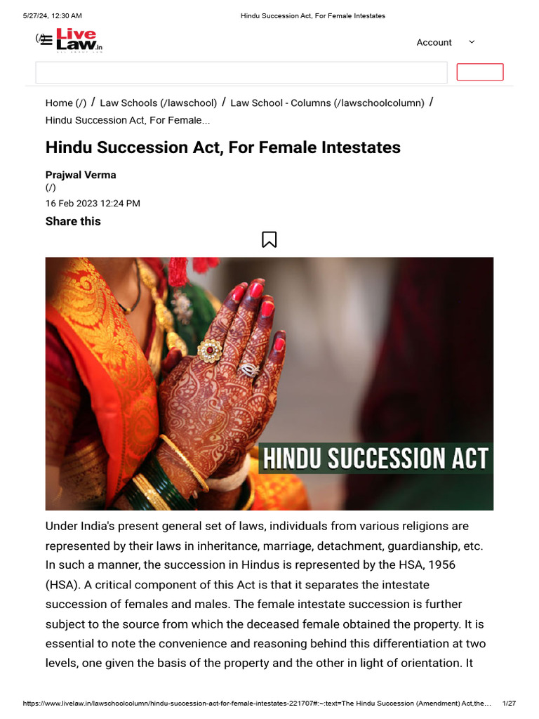 Hindu Female Intestate Succession Insights | PDF | Inheritance ...