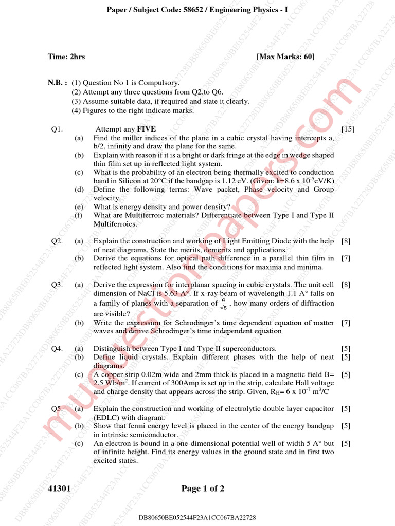 Be First Year Engineering Semester 1 2023 December Engineering Physics I Phy1rev 2019c Scheme ...
