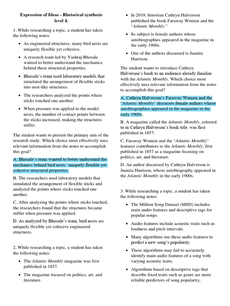 Rhetorical Synthesis Level 4 Practice | PDF | Social Science