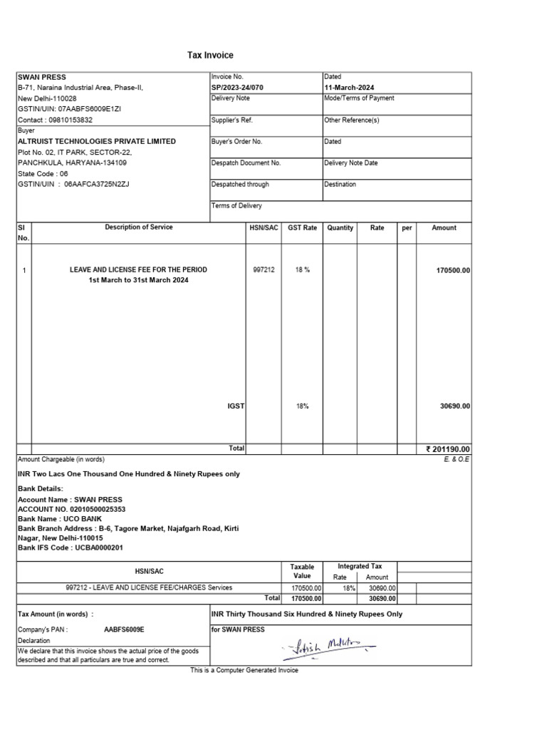 ALTRUIST Leave & License Invoice Dated 11-03-2024 | PDF | Invoice ...