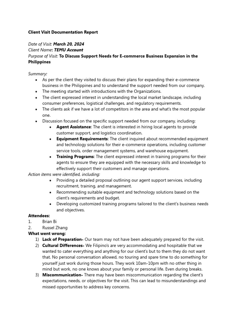 Client Visit Documentation Report | PDF | Logistics | E Commerce