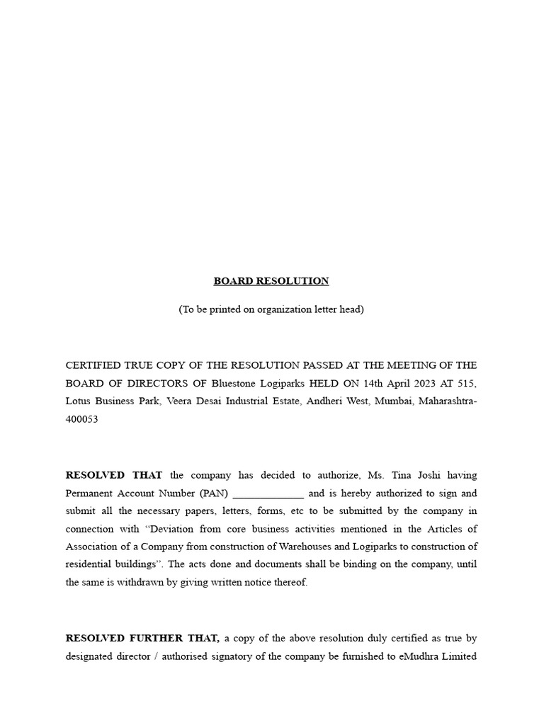 Board Resolution for Business Deviation | PDF | Business