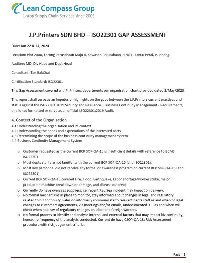 JP Printer - ISO22301 - Gap Assessment Report 22 & 24, Jan 2024 | PDF ...