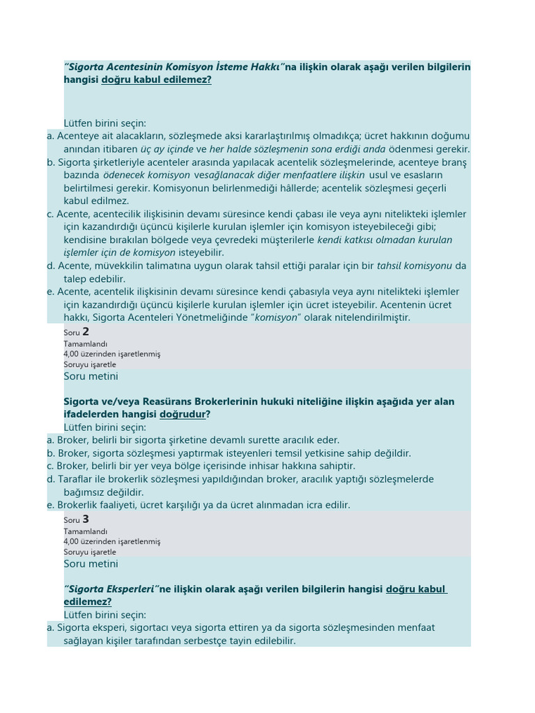 SİGORTA HUKUKU Final Sorular | PDF