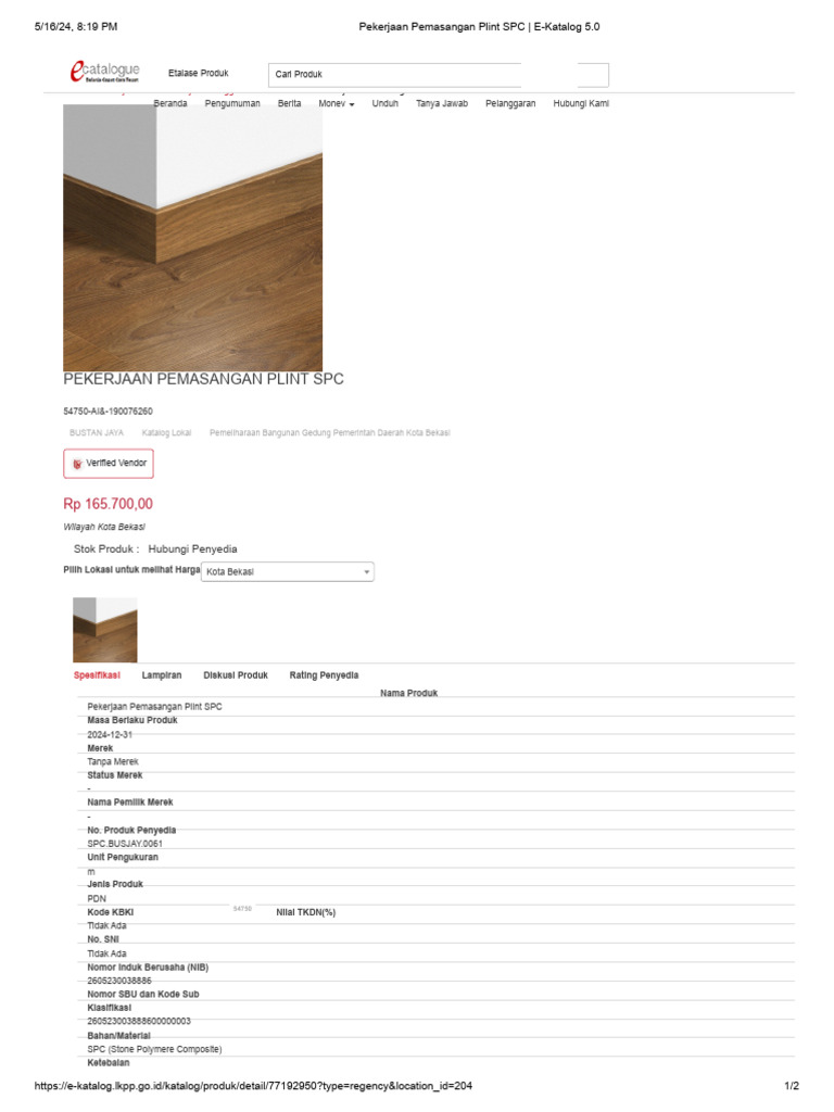 Pekerjaan Pemasangan Plint SPC - E-Katalog 5.0 | PDF | Teknologi & Rekayasa