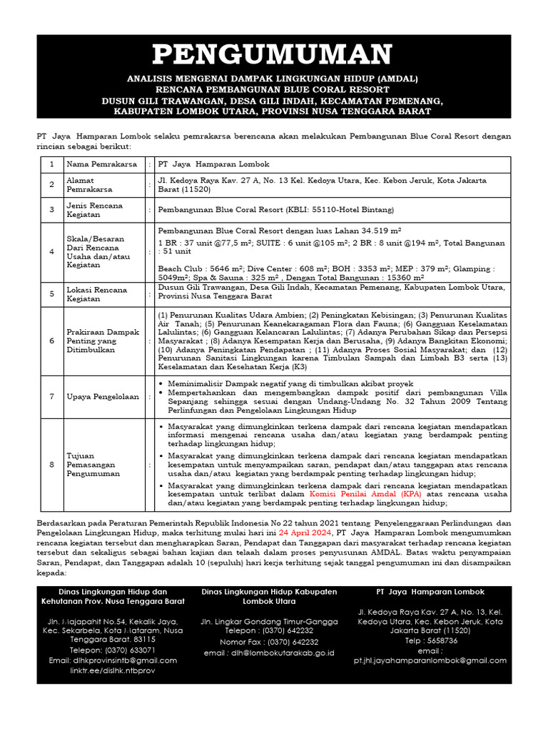 Pengumuman Amdal Lombok (1) Fix | PDF | Bisnis | Griya & Taman