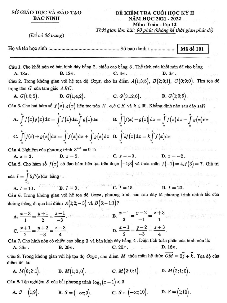 De Kiem Tra Cuoi Hoc Ky 2 Toan 12 Nam 2021 2022 So GDDT Bac Ninh | PDF