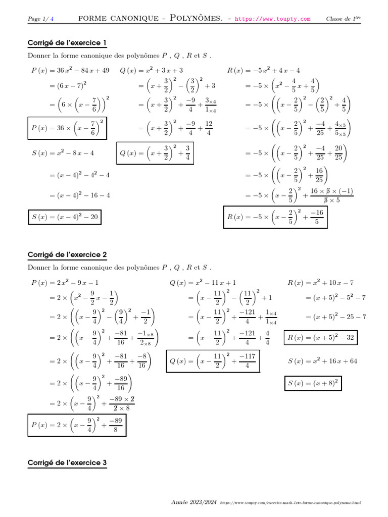 exercice-forme-canonique-polynome-1ere-2-corrige | PDF
