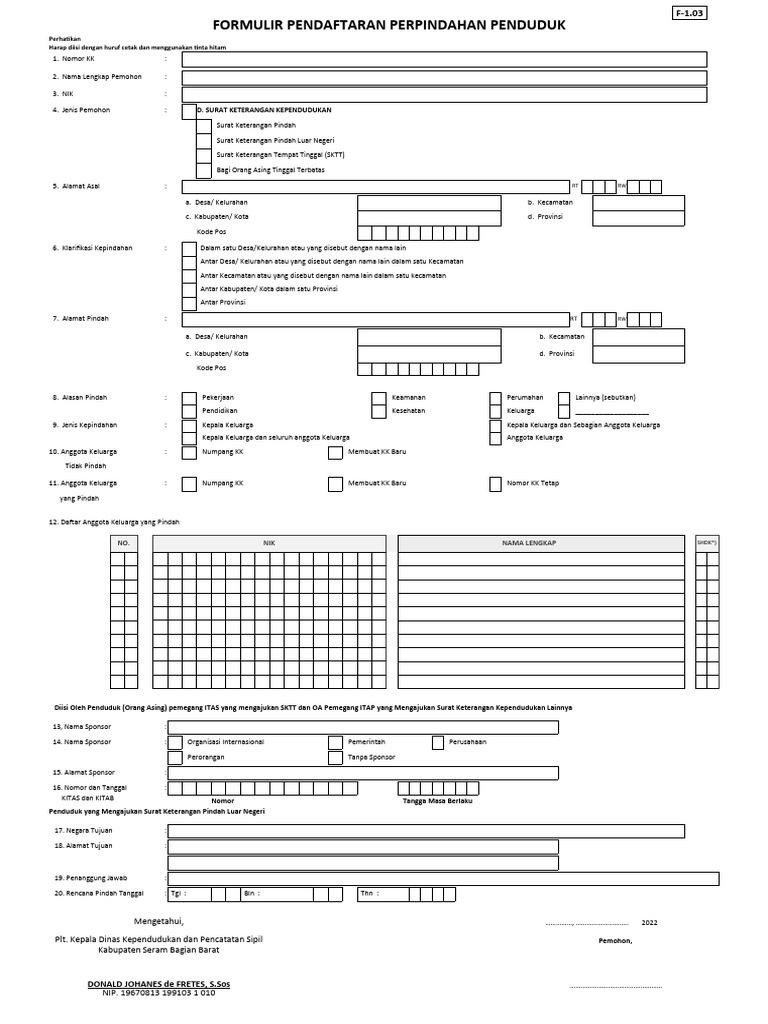 F-1.03 - Formulir Pendaftaran Perpindahan Penduduk (1) | PDF