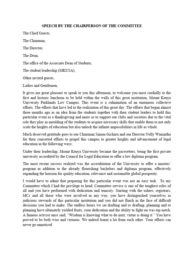 Speech by The Chairperson of The Committee | PDF | Career & Growth