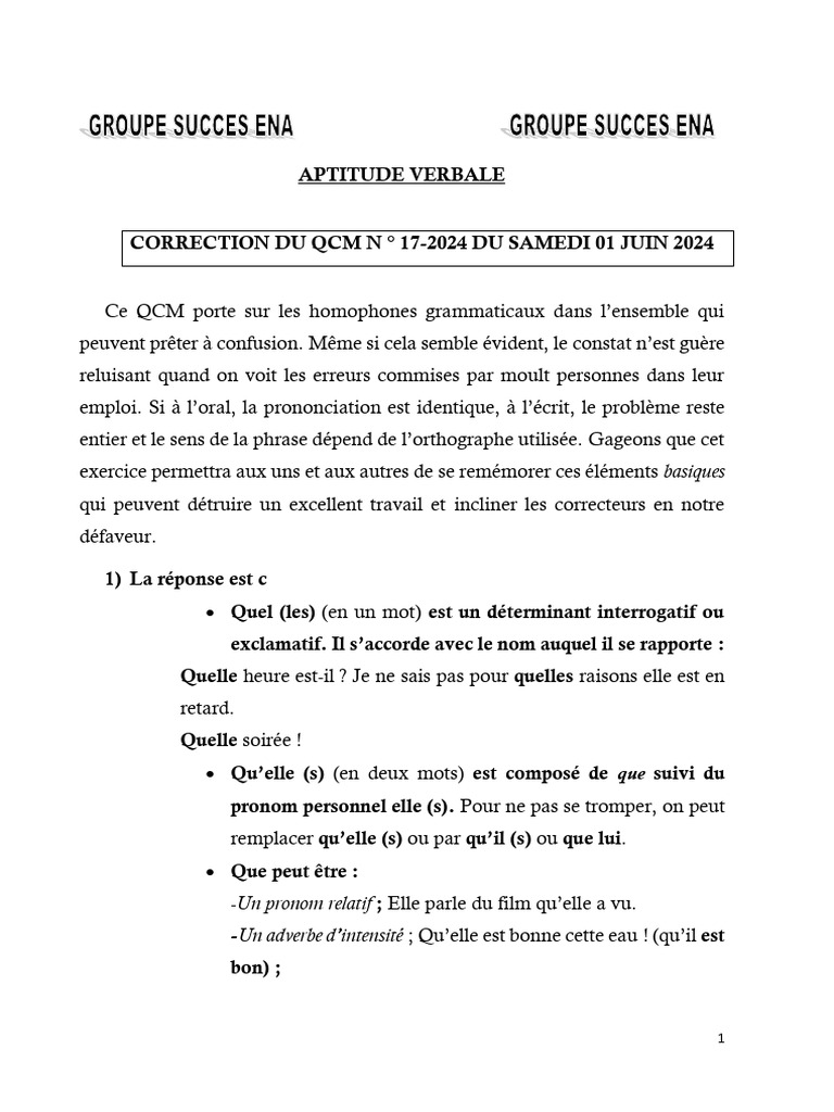 Correction QCM Homophones 2024 | PDF | Nombre grammatical | Adverbe