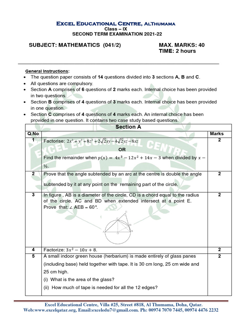 9 Maths Sample paper 2 | Download Free PDF | Circle | Elementary Geometry