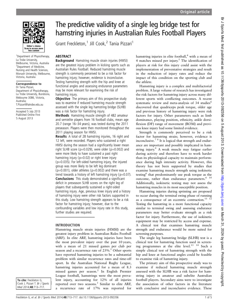 (2014) The Predictive Validity of A Single Leg Bridge Test For ...